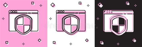 Set Browser With Shield Icon Isolated On Pink And White Black