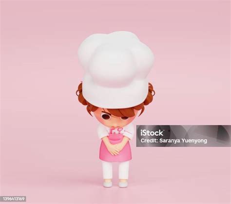 유니폼을 입은 귀여운 요리사 소녀 미안한 느낌과 핑크 배경 3d 일러스트 만화에 레스토랑 마스코트 캐릭터 로고를 사과하십시오 3차원 형태에 대한 스톡 사진 및 기타 이미지