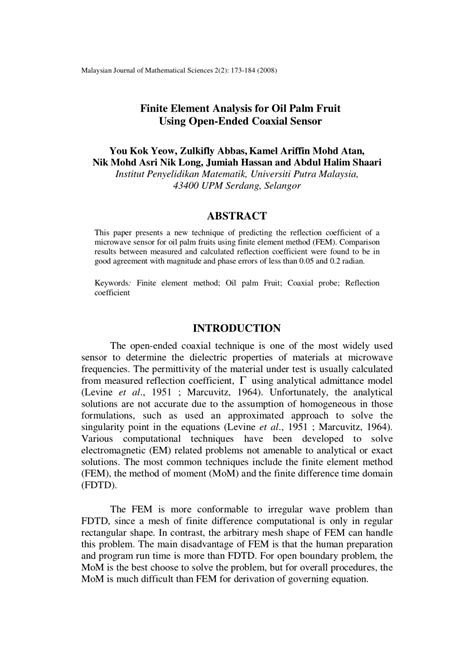 Pdf Finite Element Analysis For Oil Palm Fruit Using Open Ended Coaxial Sensor