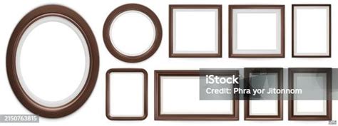 흰색 배경에 고립 된 짙은 갈색 현대 프레임 세트입니다 현실적인 직사각형 원형 타원형 사진 나무 프레임 모형 클래식 테두리 회화 사진 갤러리에 대 한 설정 3d 벡터