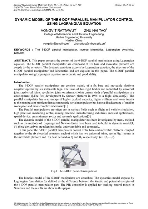 Pdf Dynamic Model Of The 6 Dof Parallel Manipulator Control Using