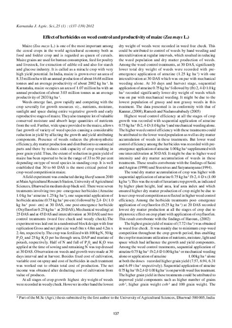Pdf Effect Of Herbicides On Weed Control And Productivity Of Maize Zea Mays L