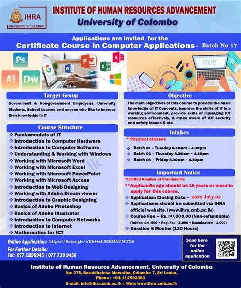 Certificate Course In Computer Applications 2023 Ihra University Of Colombo