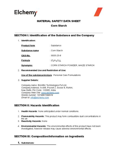 Corn Starch Msds Elcehmy Pdf Dangerous Goods Personal