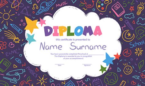 유치원 또는 초등학교 학년 어린이와 어린이를 위한 다채로운 학교 및 유치원 졸업장 증명서 학교 팩 보라색 배경에 키트 벡터 만화 평면 그림 구름에 대한 스톡 벡터 아트 및