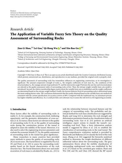 Pdf The Application Of Variable Fuzzy Sets Theory On The Quality Assessment Of Surrounding Rocks