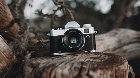 Silver Camera Sitting On A Log Stump Background Free Stock Picture To Use Background Image And