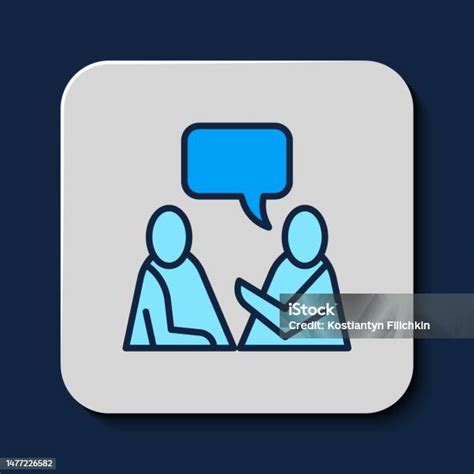 채워진 윤곽선 파란색 배경에 고립된 아이콘을 말하는 두 명의 앉아있는 남자 말풍선 채팅 메시지 아이콘입니다 통신 또는 댓글 채팅 기호입니다 벡터 0명에 대한 스톡 벡터 아트