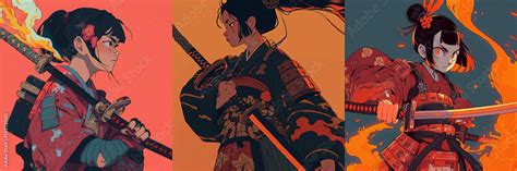 Portraits Of A Samurai Devil Girl Retro Anime Style Illustration On A Colorful Background
