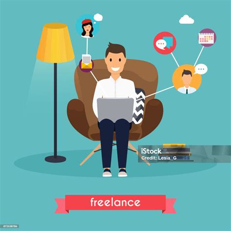 집에서 일 하는 남자 젊은 남자는 자에 앉아서 노트북을 사용 하 여 프리랜서 셀프 고용 자유 거실에서 원격근무에 대한 스톡 벡터 아트 및 기타 이미지 Istock