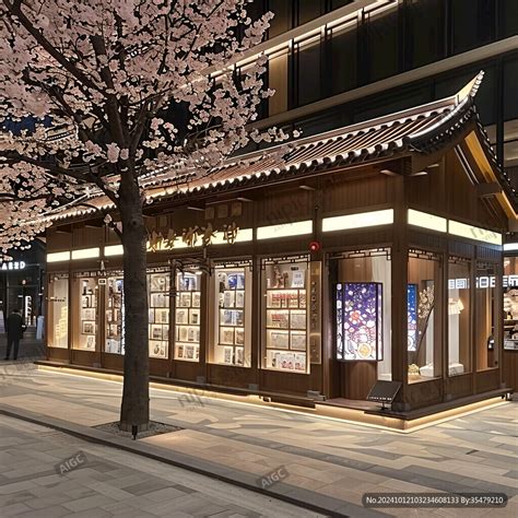 Ai创作图唐代风格商铺 中国风书店 新中式商店 仿唐建筑商铺 新中式商铺 太古里店铺 古风商铺 中式风格书店 书店效果图 仿古建筑风格商铺