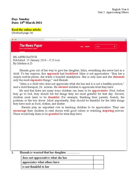 Year 6 Worksheet 14 17 March Pdf Gratitude Behavioural Sciences