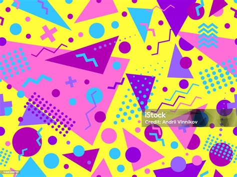80년대 스타일의 기하학적 이음매 없는 패턴 화려한 기하학적 패턴입니다 판촉 제품 포장지 및 인쇄의 디자인 벡터 그림 0명에 대한 스톡 벡터 아트 및 기타 이미지 Istock