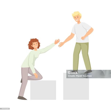 남자 캐릭터는 여자 동료 벡터 일러스트레이션을 돕는 목표에 오르고 있다 개발에 대한 스톡 벡터 아트 및 기타 이미지 개발 개선 거리 Istock