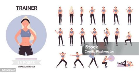 피트니스 트레이너 여자 운동 만화 세트에서 포즈 공 아령과 금발 의 캐릭터 훈련 가방에 대한 스톡 벡터 아트 및 기타 이미지