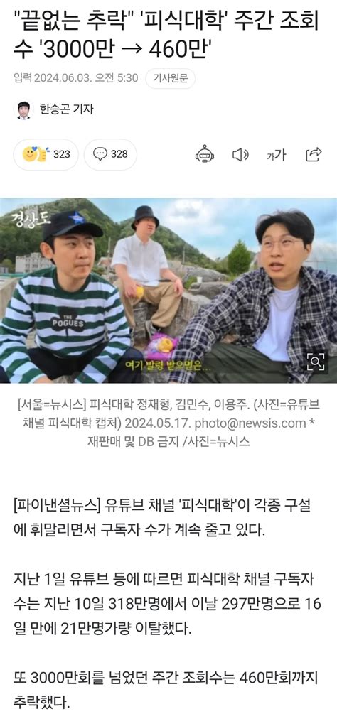 끝없는 추락 피식대학 주간 조회수 3000만 → 460만 팬플러스 커뮤니티