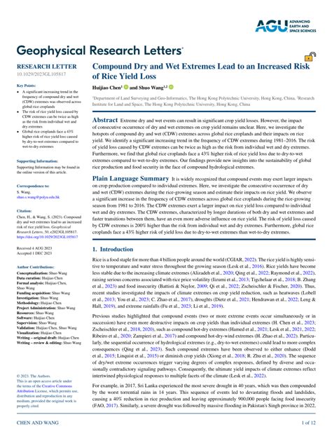 Pdf Compound Dry And Wet Extremes Lead To An Increased Risk Of Rice Yield Loss