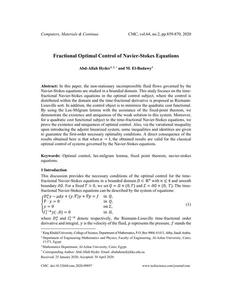 Pdf Fractional Optimal Control Of Navier Stokes Equations
