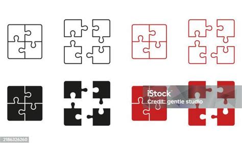 퍼즐 조각은 라인과 실루엣이 일치 한 아이콘 세트입니다 사각형 퍼즐 파트가 맞습니다 편집 가능한 획 고립된 벡터 삽화 0명에 대한 스톡 벡터 아트 및 기타 이미지 Istock