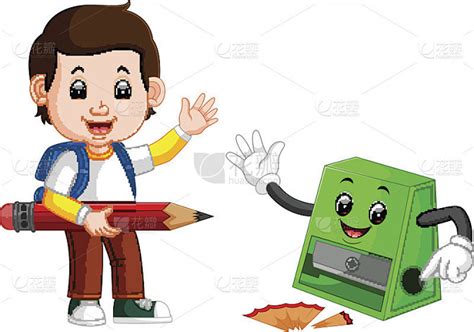 男孩拿着大铅笔和卷笔刀