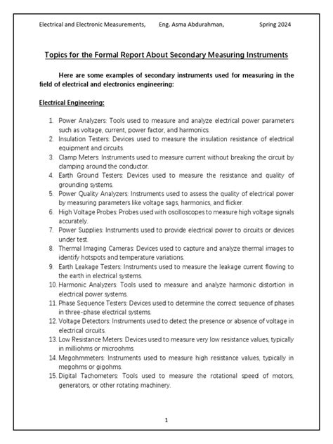 Topics For The Formal Report About Secondary Measuring Instruments