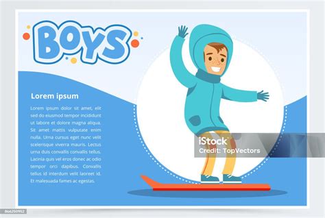 웃는 아이 스노우 보드 광고 브로셔 홍보 전단지 포스터 웹사이트 또는 모바일 응용 프로그램에 대 한 프레 젠 테이 션 평면 벡터 요소에 대 한 소년 배너 놀기에 대한 스톡