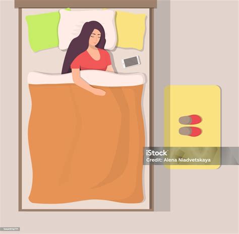 침대에서 자고 있는 여자 평면도 소녀는 스마트폰을 머리 근처에 두고 평화롭게 잔다 침대 근처 매트에 슬리퍼 플랫 스타일의 벡터 그림입니다 귀여운에 대한 스톡 벡터 아트 및
