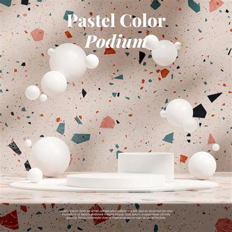 Шаблон макета 3d рендеринга белого подиума в сфере с плавающей сферой и стеной из терраццо