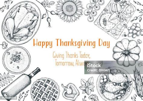 추수 감사절 상위 뷰 벡터 일러스트입니다 음식 손으로 그려진된 밑그림입니다 터키 감자 사과 파이 야채 과일 딸기 치즈와 함께 축제 저녁 식사 가 음식 밑그림입니다 새겨진된