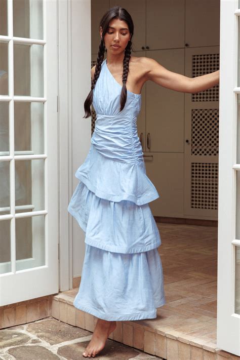 Shop The Kenny One Shoulder Tiered Maxi Dress Solid Blue Selfie Leslie
