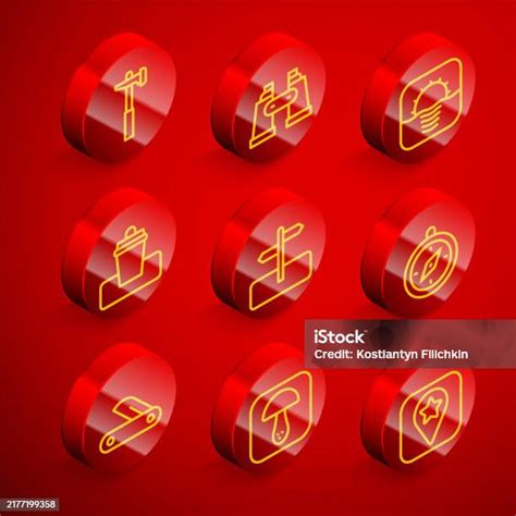 세트 라인 망치 쌍안경 일출 쓰레기통 도로 교통 표지판 나침반 스위스 군용 칼 및 버섯 아이콘 벡터 3차원 형태에 대한 스톡 벡터 아트 및 기타 이미지 Istock