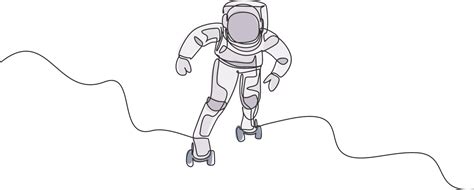 Single Continuous Line Drawing Of Astronaut Exercising On Roller Skates