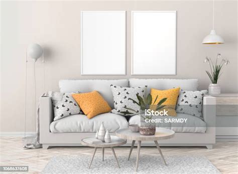 스 칸디 나 비아 스타일 Hipster 인테리어에 포스터 프레임을 비웃는 다 3 차원 일러스트 레이 션 가구에 대한 스톡 사진 및 기타 이미지 Istock