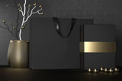 손잡이와 고급 블랙 박스 모의 검은 종이 쇼핑백 블랙 배경에서 모의 광고를 구입 프리미엄 블랙 패키지 3d 렌더링 가방에 대한 스톡 사진 및 기타 이미지 Istock