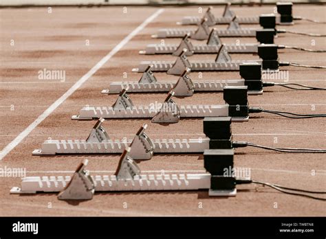 Starting Block Reactime False Start Detection System In Start Of 100 Meters Stock Photo Alamy