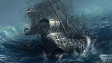 Epic Kraken Encounter A Stunning Hd Fantasy Wallpaper By Rasmus