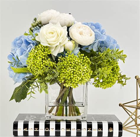 Peony Hydrangea Arrangement Faux Floral Centerpiece In Glass Vase Etsy