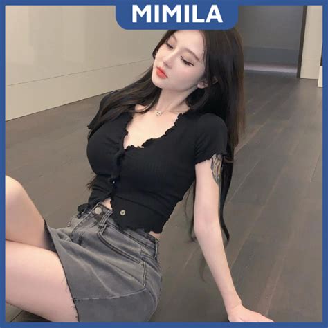 Áo Croptop Tay Ngắn MIMILA Thiết Kế Khuy Cài Cổ Chữ V Tôn Vòng 1 Sexy Áo Ngắn Chất Thun Co Giãn