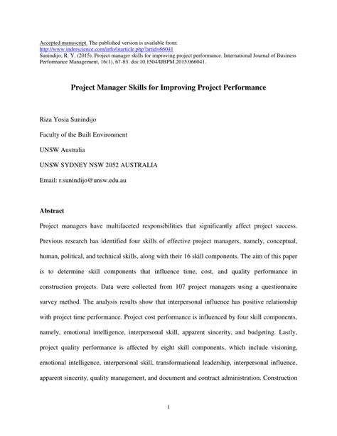 Pdf Project Manager Skills For Improving Project Performance