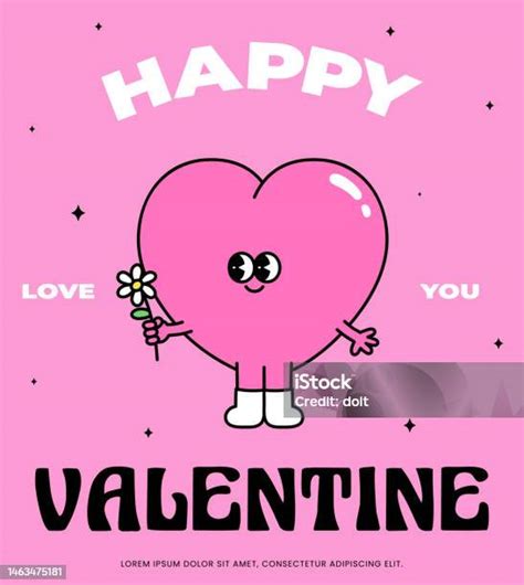 해피 발렌타인 데이 타이포그래피 포스터 히피 60 년대 70 년대 복고풍 스타일 Y2k 미학 하트 캐릭터 배너 배경 및 글자