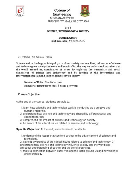Sts 1 Course Guide 1st Sem 2021 2022 Pdf Science Engineering