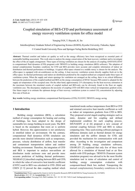 Pdf Coupled Simulation Of Bes Cfd And Performance Assessment Of Energy Recovery Ventilation