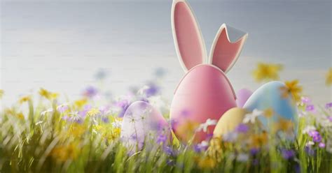 부활절 달걀 사냥 야생화 초원에서 토끼 귀가 달린 축제 파스텔 색상의 달걀 3d 일러스트레이션입니다 사진 Unsplash의 목초지 이미지