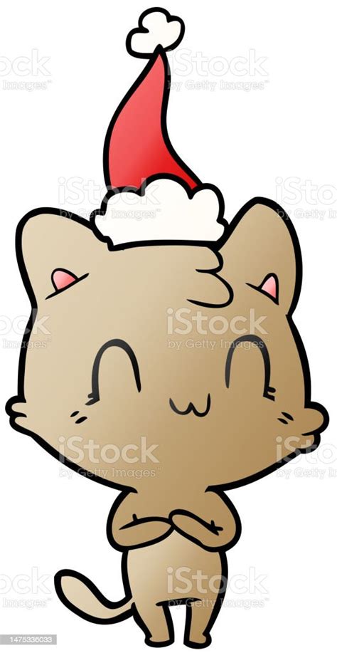 산타 모자를 쓰고 행복한 고양이의 손으로 그린 그라데이션 만화 고양이 새끼에 대한 스톡 벡터 아트 및 기타 이미지 고양이 새끼 귀여운 그라데이션 Istock