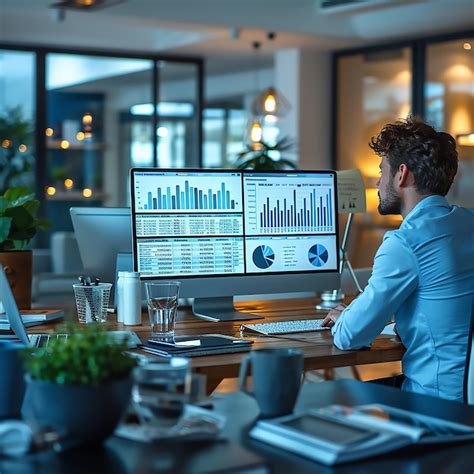 A Man Sits At A Desk With A Computer Screen Showing A Graph Premium