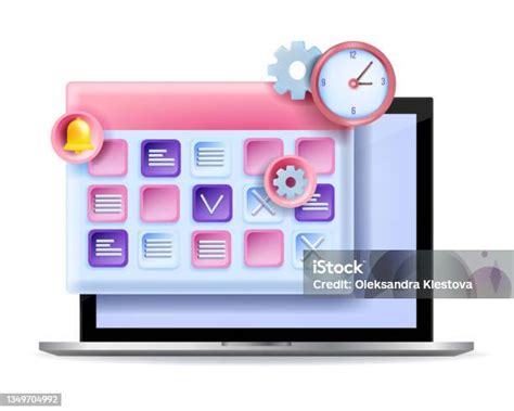 3d 캘린더 일정 계획 개념 벡터 온라인 이벤트 어젠다 일러스트레이션 노트북 화면 시계 3차원 형태에 대한 스톡 벡터 아트 및