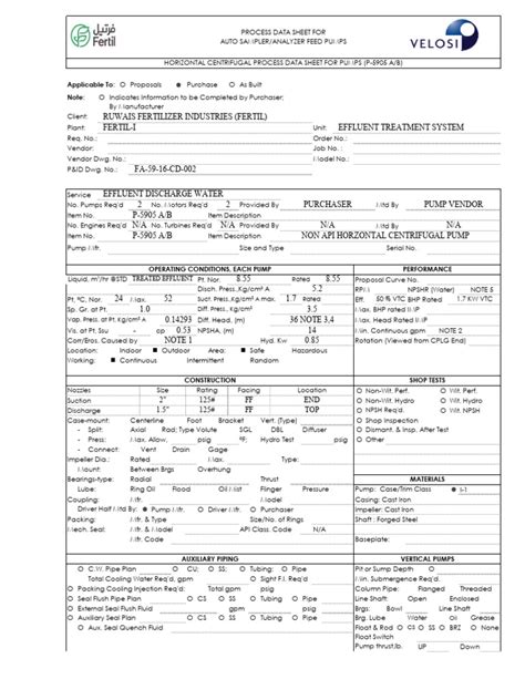 Fa 59 31 Dd 005 P01 Horizontal Centrifugal Process Data Sheet For