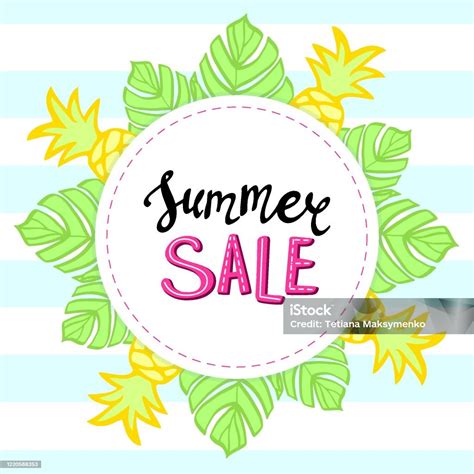 여름 세일 레터링 배너 템플릿 열대 잎 파인애플 스톡 벡터 일러스트레이션 계절별 할인 0명에 대한 스톡 벡터 아트 및 기타
