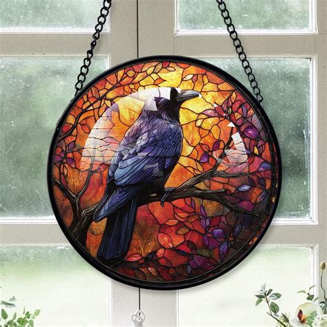 Personalized Crow Stained Glass Suncatcher Window Hanging Crow Hand