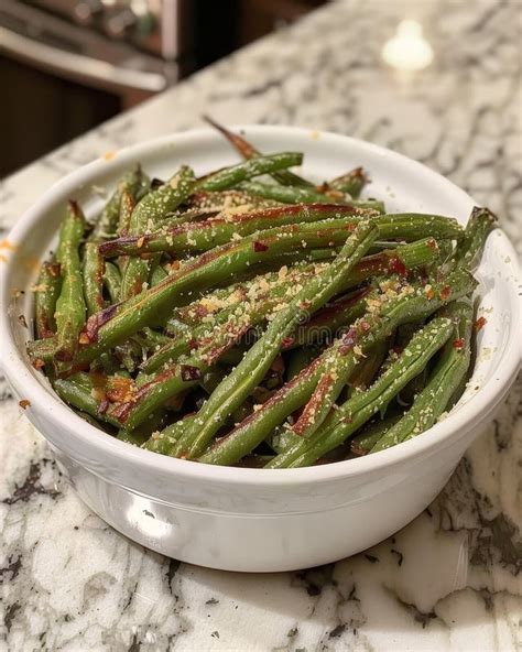 Aromatic Roasted Green Beans With Parmesan In White Bowl On The Marble